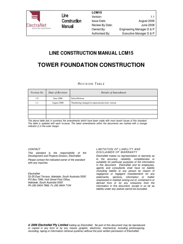 Tower Foundation Construction Manual: Guidelines for Excavating ...