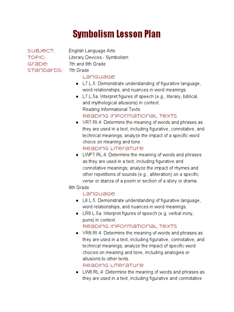 Symbolism Lesson Plan: Subject: Topic: Grade: Standards: Language ...