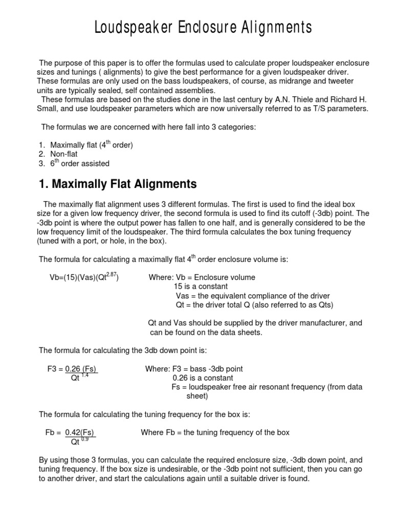 Formulas for Calculating Loudspeaker Enclosure Sizes, Tunings, and Port ...