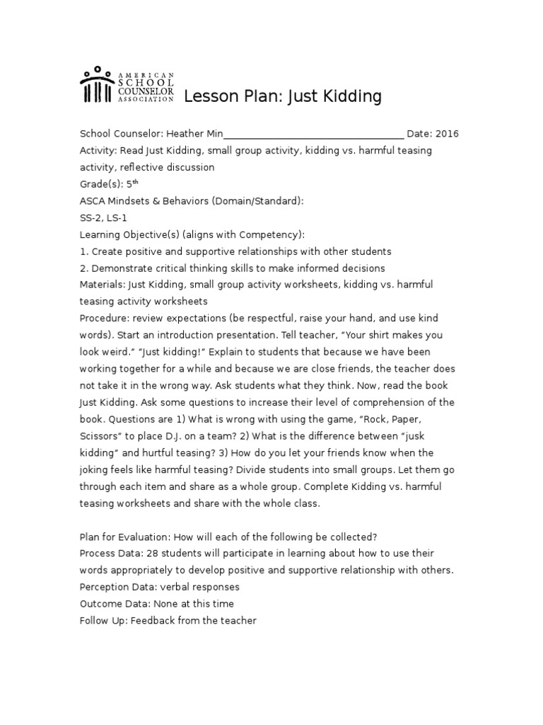 Just Kidding Lesson Plan for 5th Grade | PDF