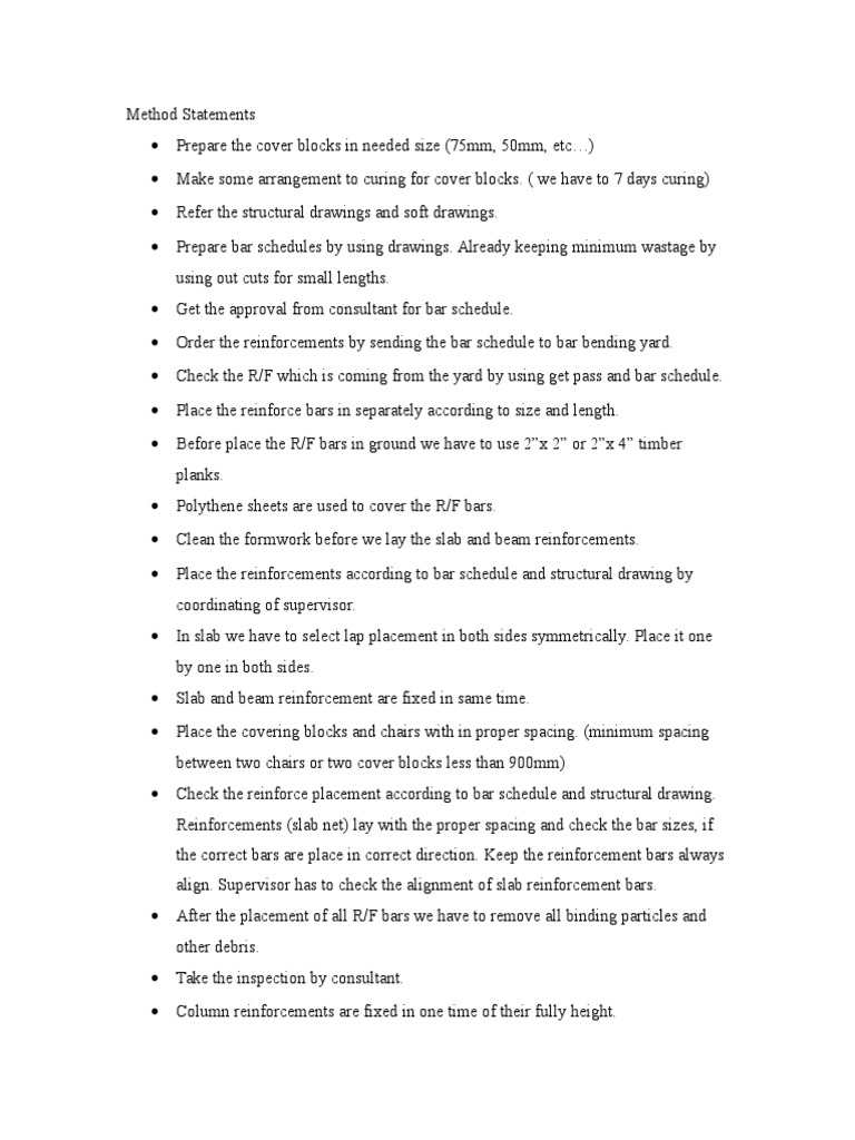 Method Statements For Reinforcement Bars | PDF