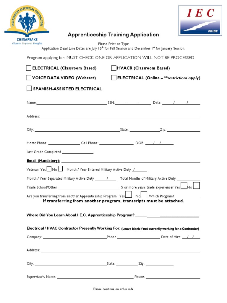 Apprenticeship Training Application Form | PDF | Apprenticeship ...