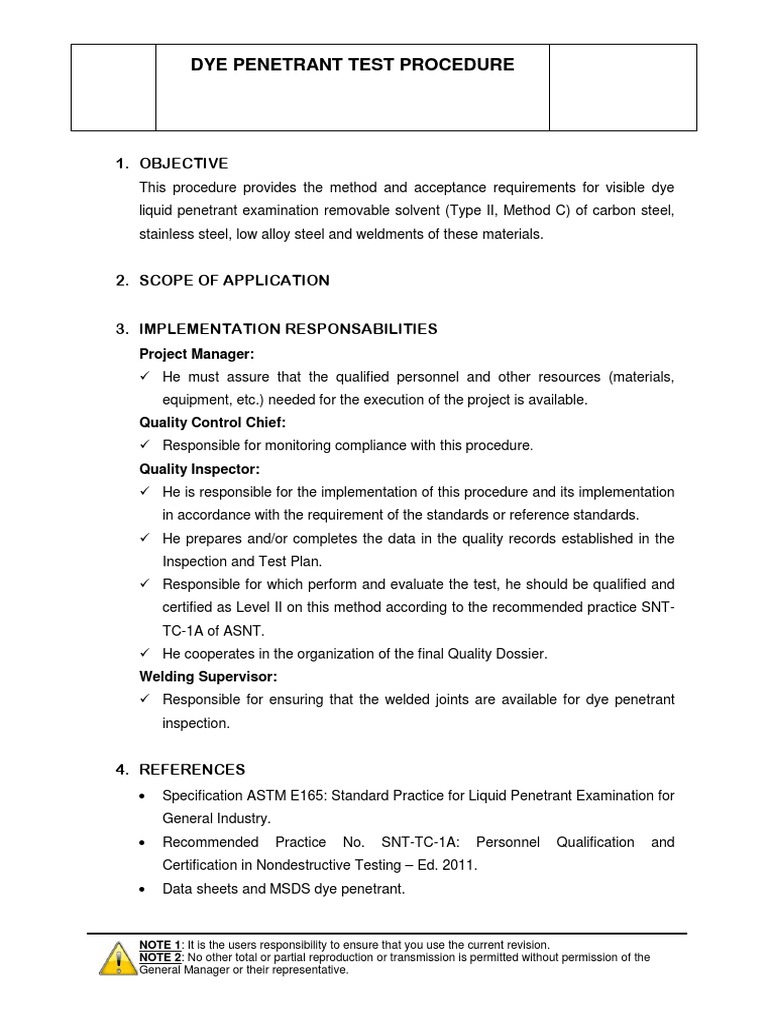 Dye Pentrant Test Procedure | PDF | Welding | Construction