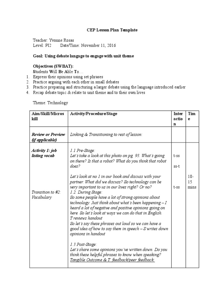 Pi 2 Debate Lesson Plan | PDF | Lesson Plan | Phrase