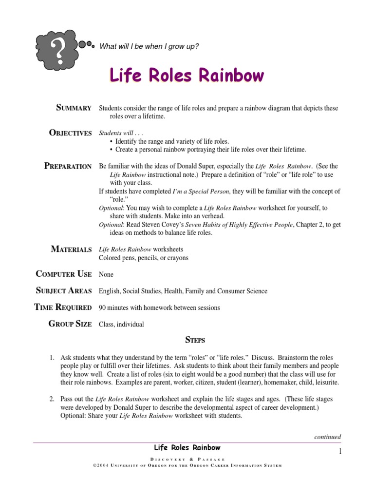 Life Roles Rainbow Ms | PDF | Labour Economics | Childhood