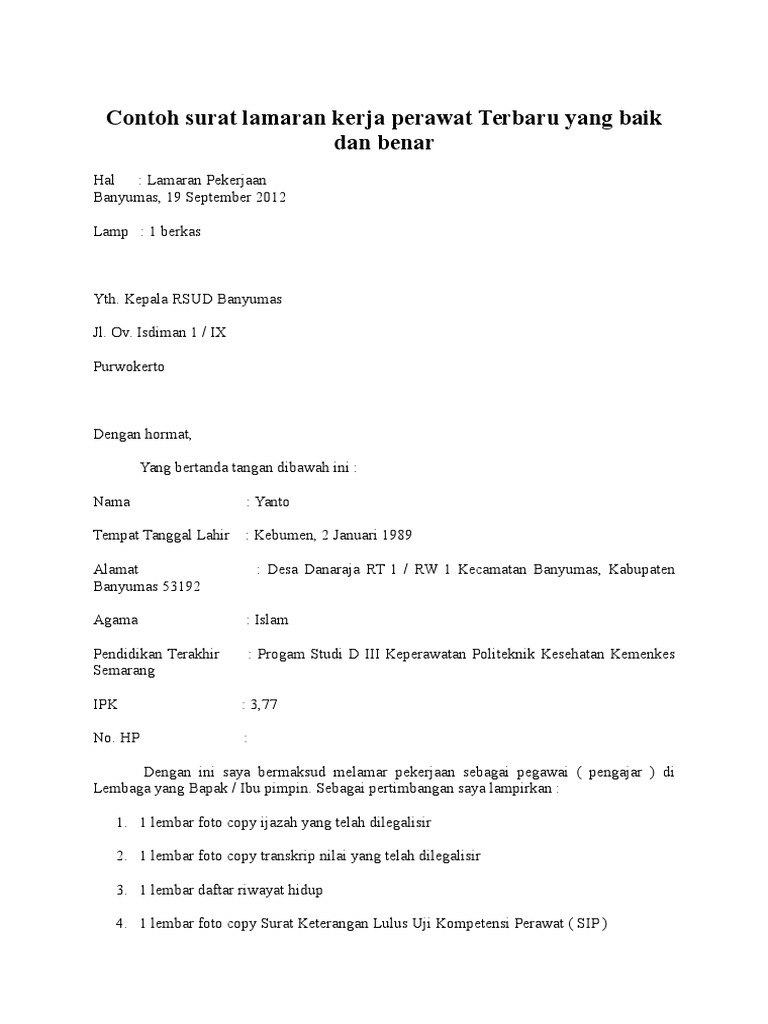 Contoh Surat Lamaran Kerja Perawat Terbaru Yang Baik Dan Benar | PDF