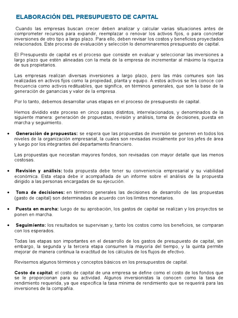 Elaboración Del Presupuesto de Capital | PDF | Valor presente neto | Presupuesto