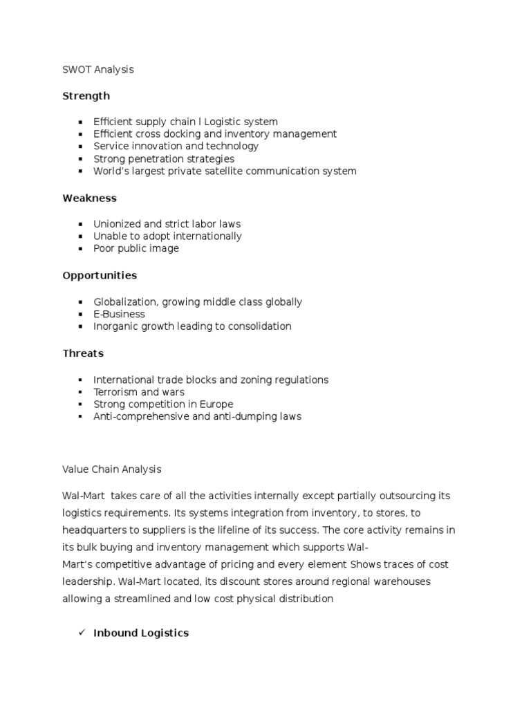 Wal Mart Swot Analysis | PDF | Walmart | Supply Chain