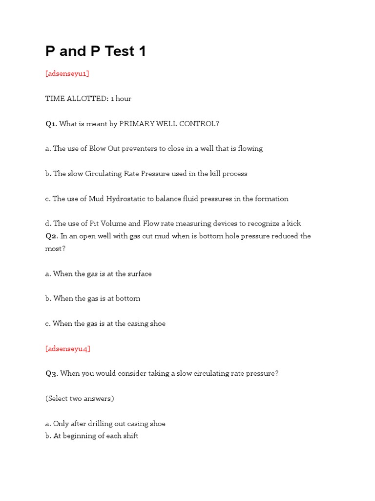 Primary Well Control Practice Test | PDF | Casing (Borehole) | Gases