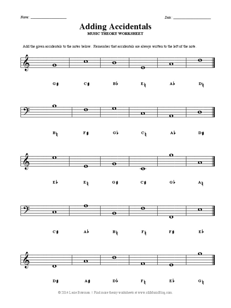 Theory Worksheet Adding Accidentals | PDF