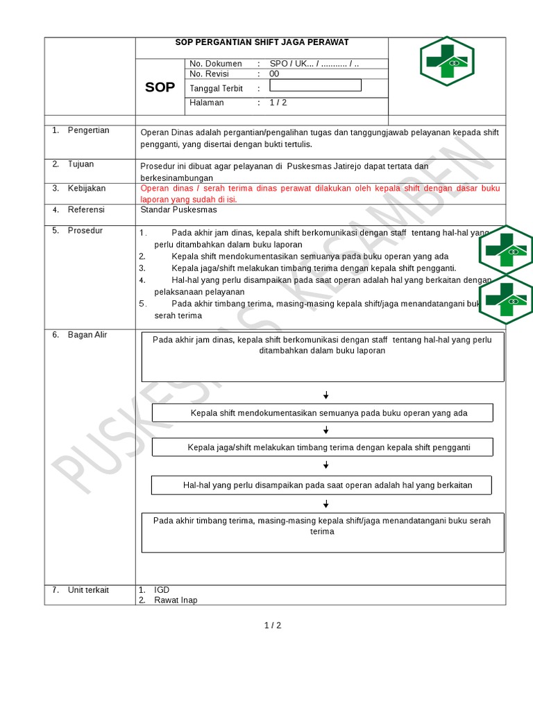 Sop Operan Shift Jaga Perawat 1 | PDF