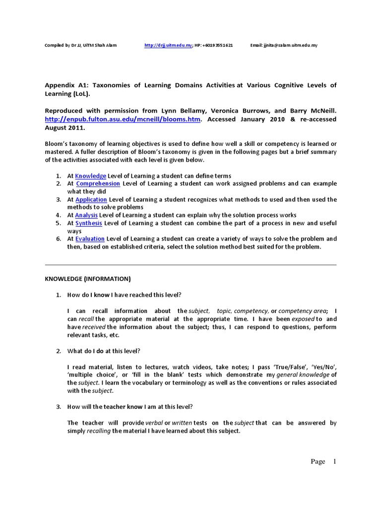 Taxonomies of Learning Domains Activities | PDF | Reading Comprehension ...