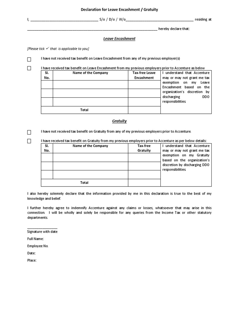 Declaration Leave Encashment Gratuity | PDF