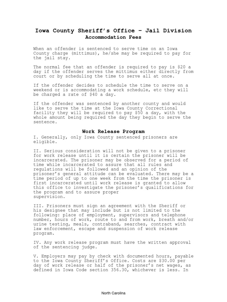 Iowa County Work Release Program - Jail Division | Download Free PDF ...