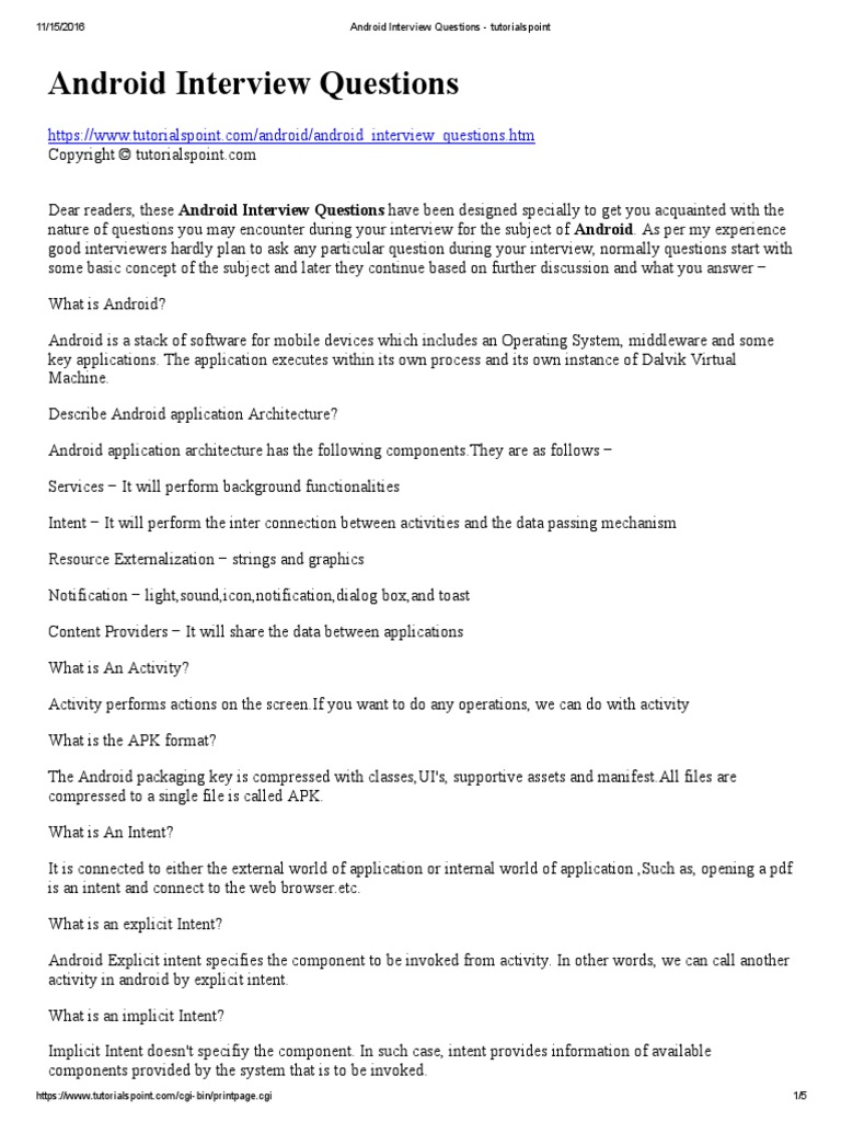 Android Interview Questions - Tutorialspoint | PDF | Android (Operating System) | Java ...