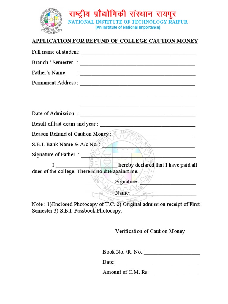 JK"V H Izks - KSFXDH Lalfkku JK Iqj: Application For Refund of College ...