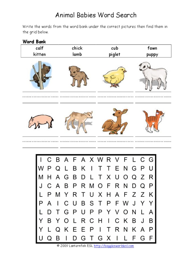 Animal Babies Word Search: Calf Chick Cub Fawn Kitten Lamb Piglet Puppy ...
