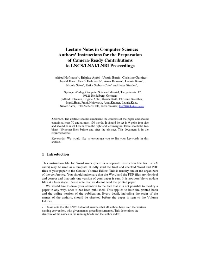 Lecture Notes in Computer Science: Authors' Instructions For The ...