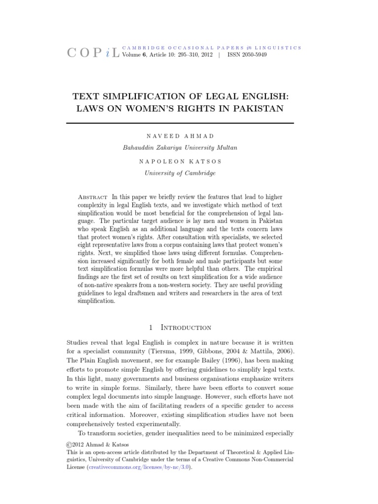 COP L: Text Simplification of Legal English: Laws On Women'S Rights in ...