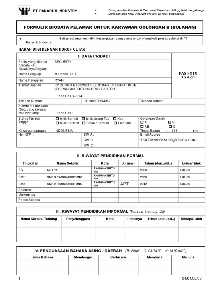 Form Biodata Pelamar | PDF