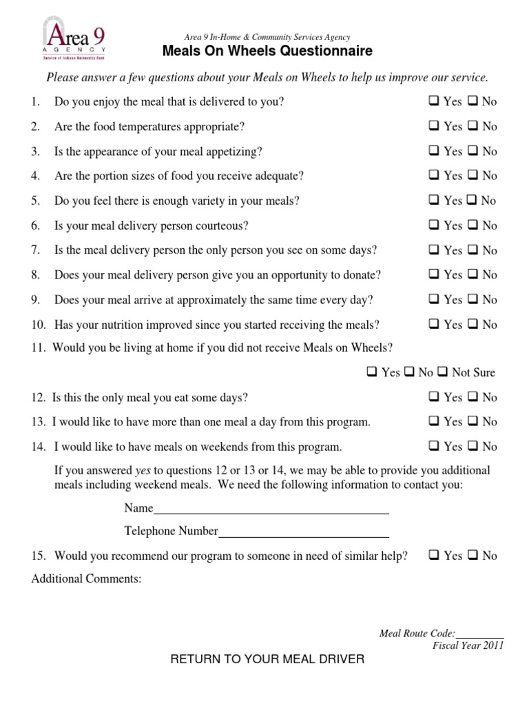 Meals On Wheels Questionnaire: Please Answer A Few Questions About Your ...