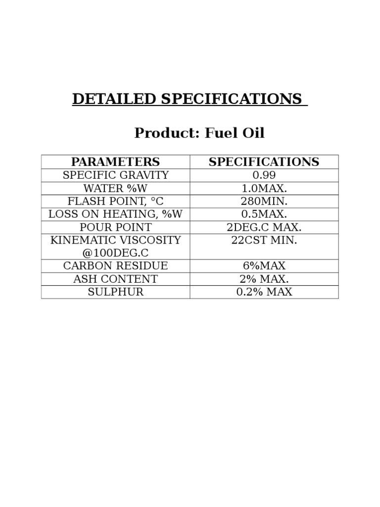 Detailed Specifications: Product: Fuel Oil | PDF | Home & Garden ...