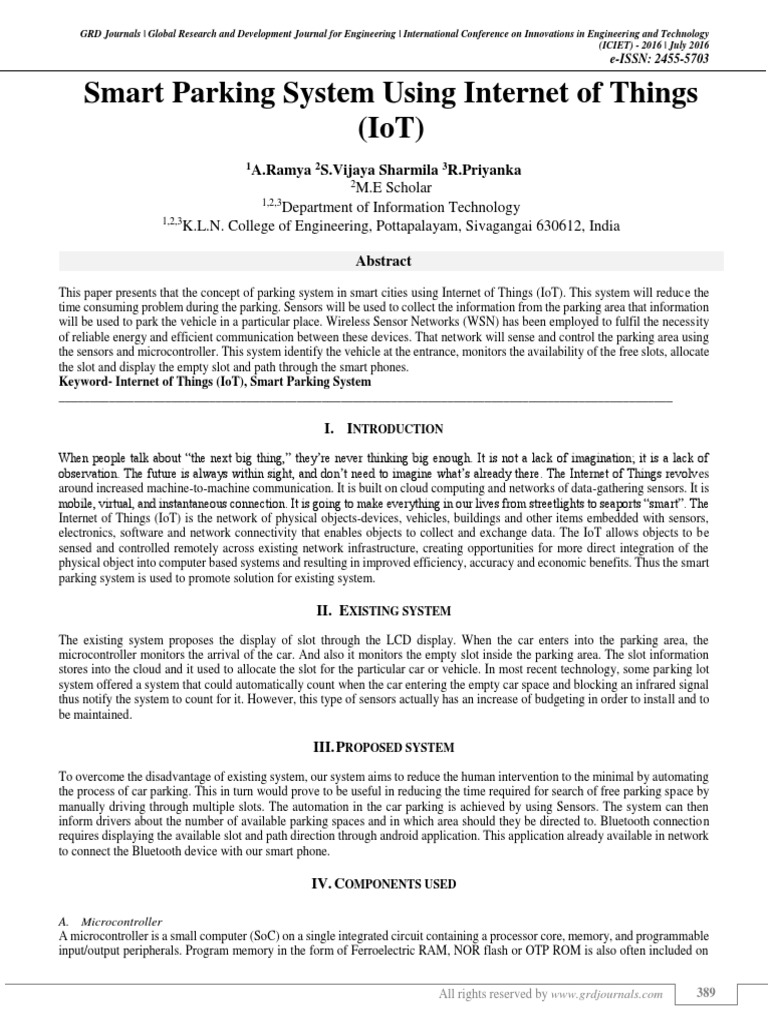 SMART PARKING SYSTEM USING INTERNET of THINGS (IoT) | PDF | Internet Of ...