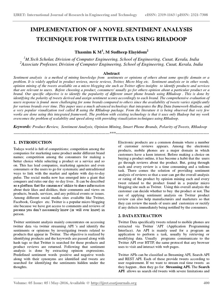 Implementation of A Novel Sentiment Analysis Technique For Twitter Data Using Rhadoop PDF | PDF