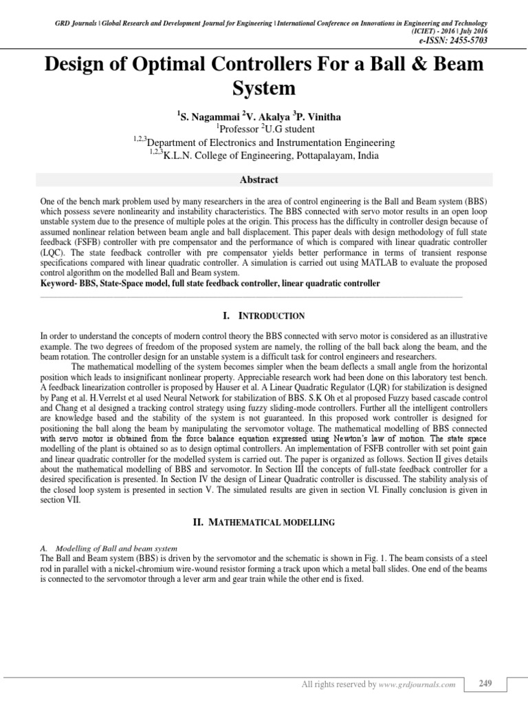 Design of Optimal Controllers For A Ball & Beam System | PDF | Control Theory | Matrix (Mathematics)