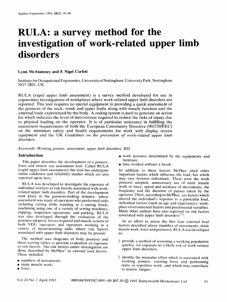 RULA - A Survey Method For The Investigation of Work-Related Upper Limb ...