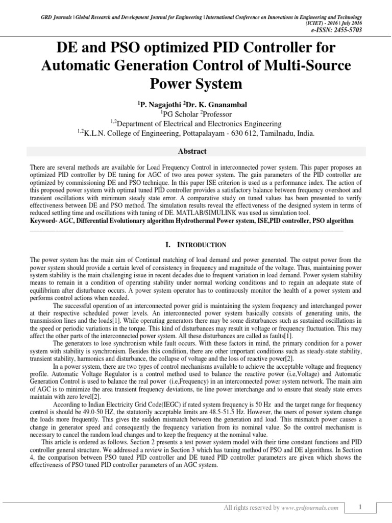 De And Pso Optimized Pid Controller For Automatic Generation Control Of Multi Source Power