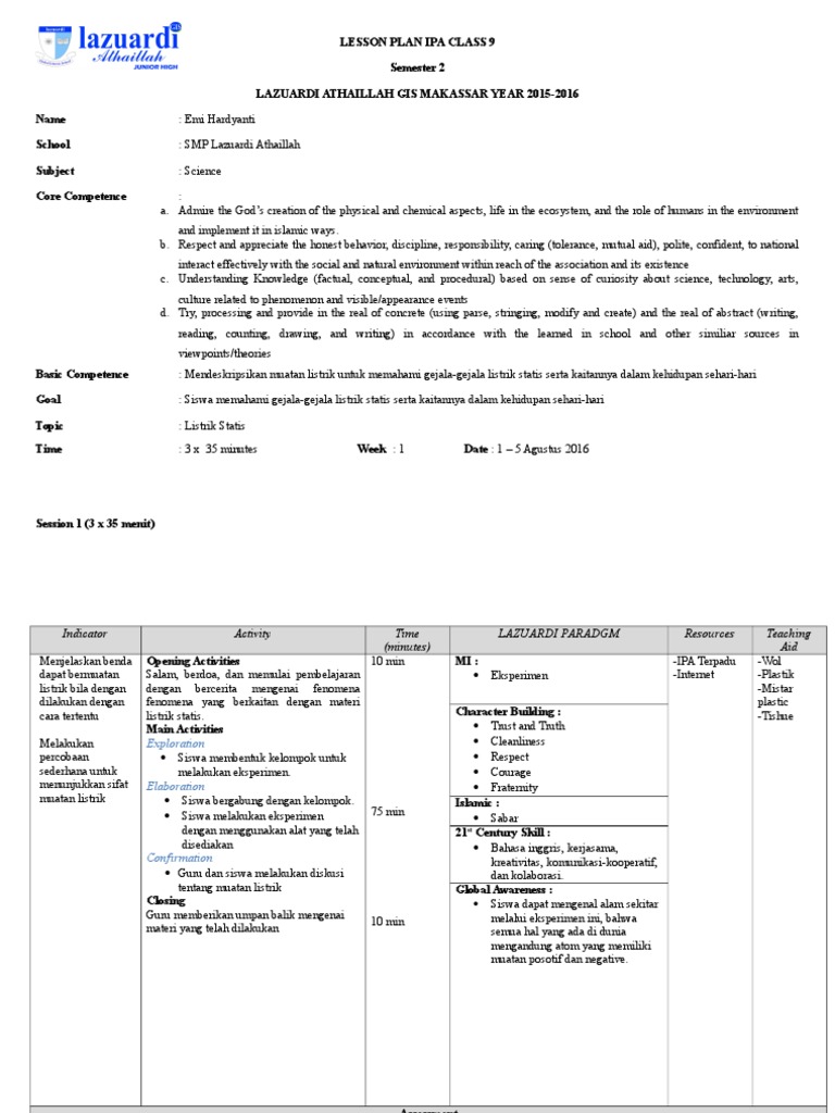 Lesson Plan Science Grade 9 Week 1 Listrik Statis | PDF