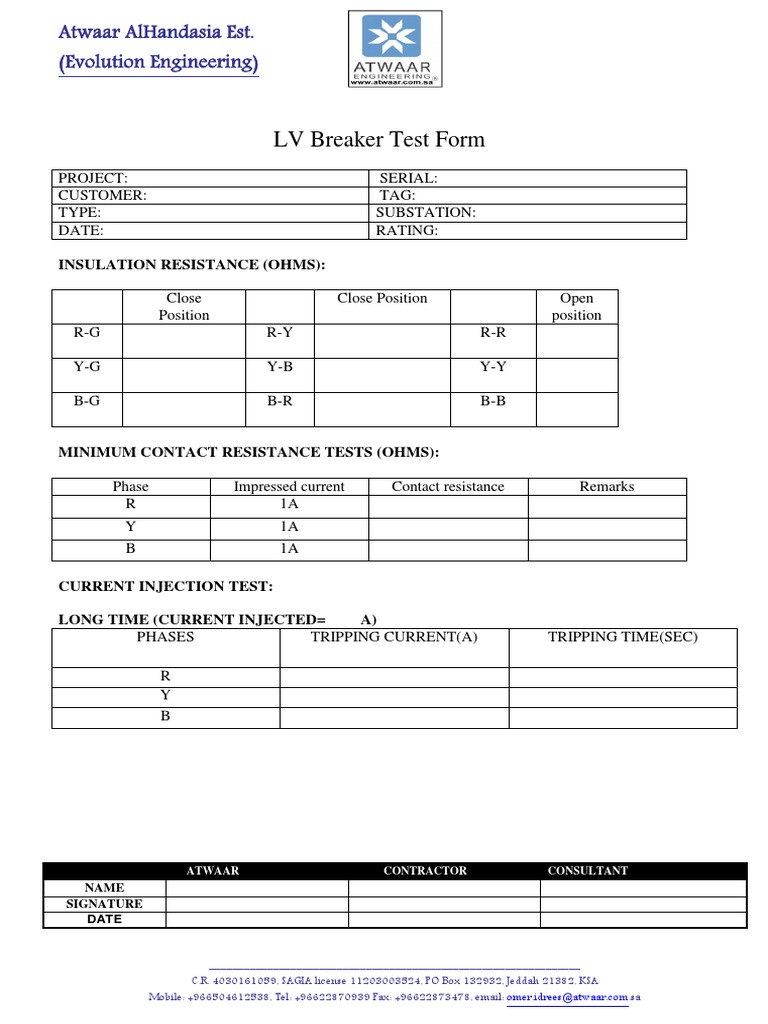 LV Breaker Test Form: Insulation Resistance (Ohms) | PDF