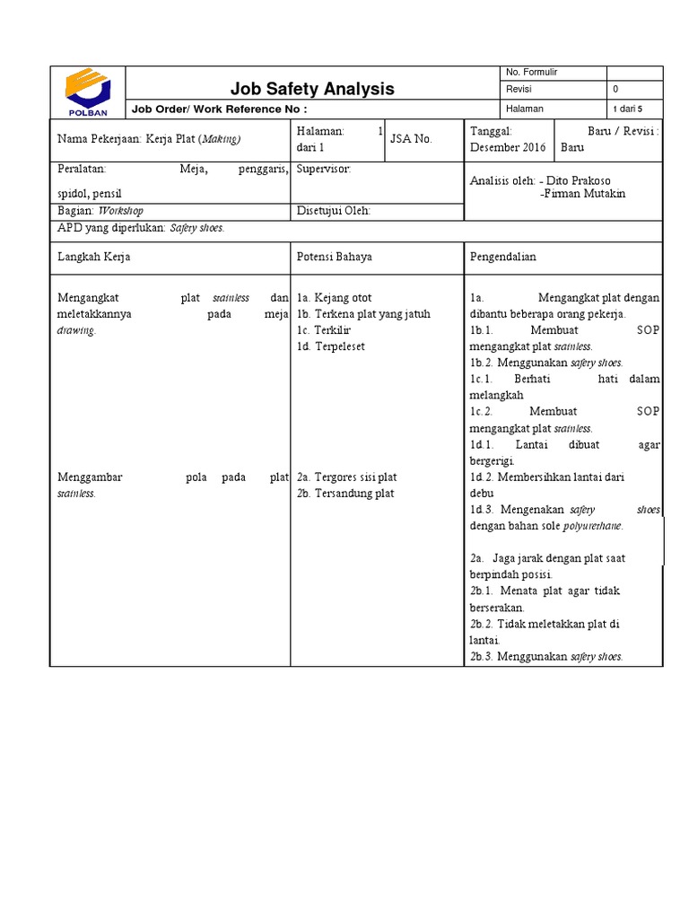 Judul Dokumen Analisis Keselamatan Kerja (Job Safety Analysis/JSA) untuk Pekerjaan di Workshop ...