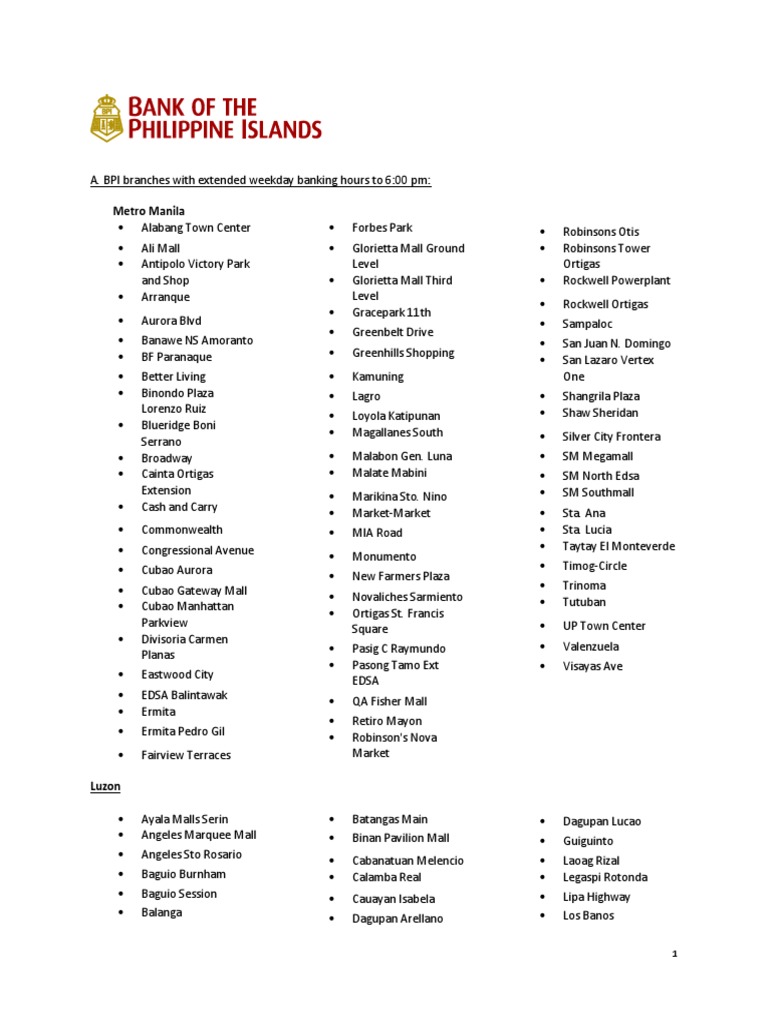 BPI Christmas Holiday 2016 Schedule | Luzon | Metro Manila