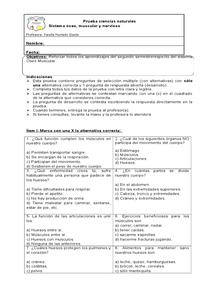 Prueba sobre Sistema Óseo y Muscular | PDF | Hueso | Músculo