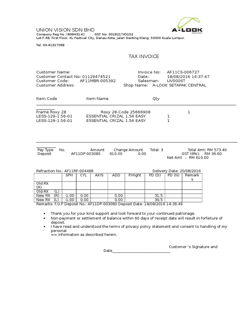 Union Vision Tax Invoice Details | PDF