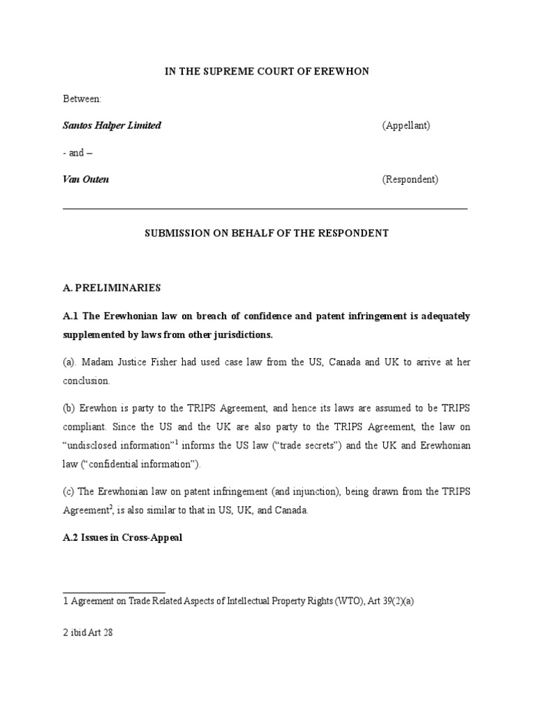 Submissions For The Respondent | PDF | Patent | Injunction
