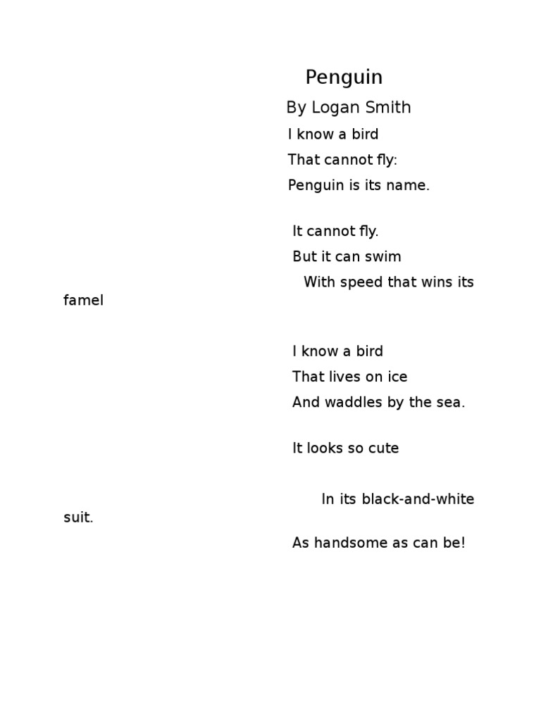 Cute Penguin Poem About Swimming | PDF