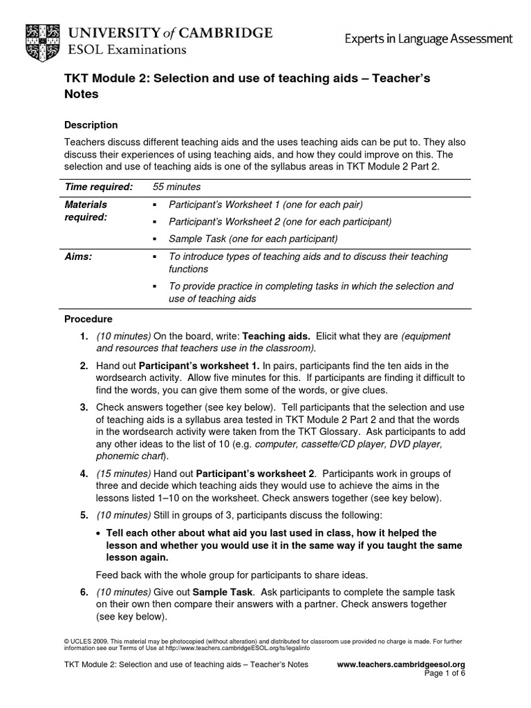TKT Module 2 Using Teaching Aids | PDF | Word Search | Classroom