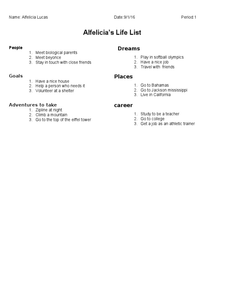 Alfelicia Lucas' Life Goals and Dreams | PDF