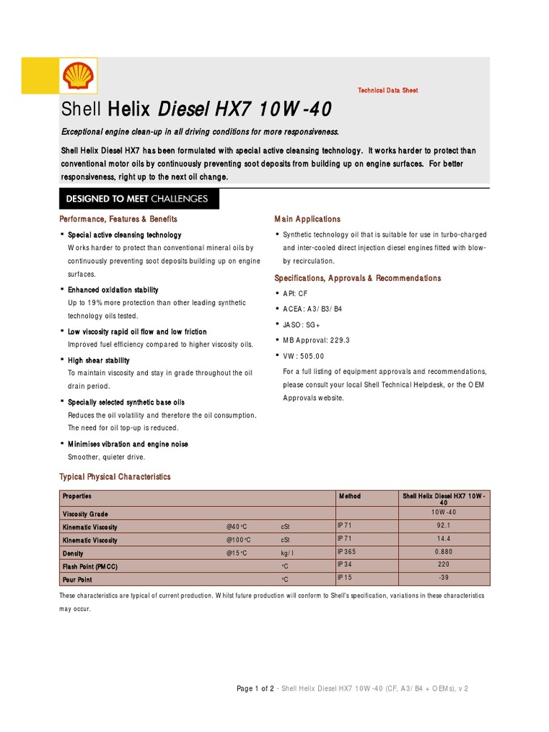 Shell Helix Diesel HX7 10W-40 Specs | PDF | Motor Oil | Chemical Substances