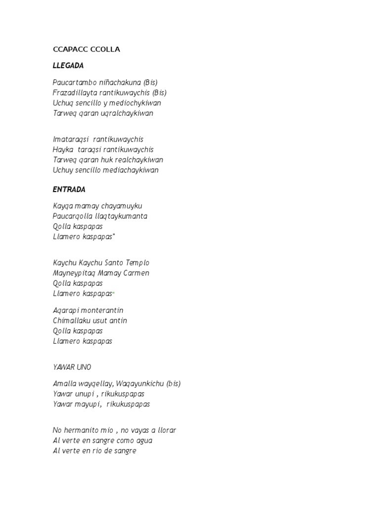 CCAPACC CCOLLA Letra Danza | PDF