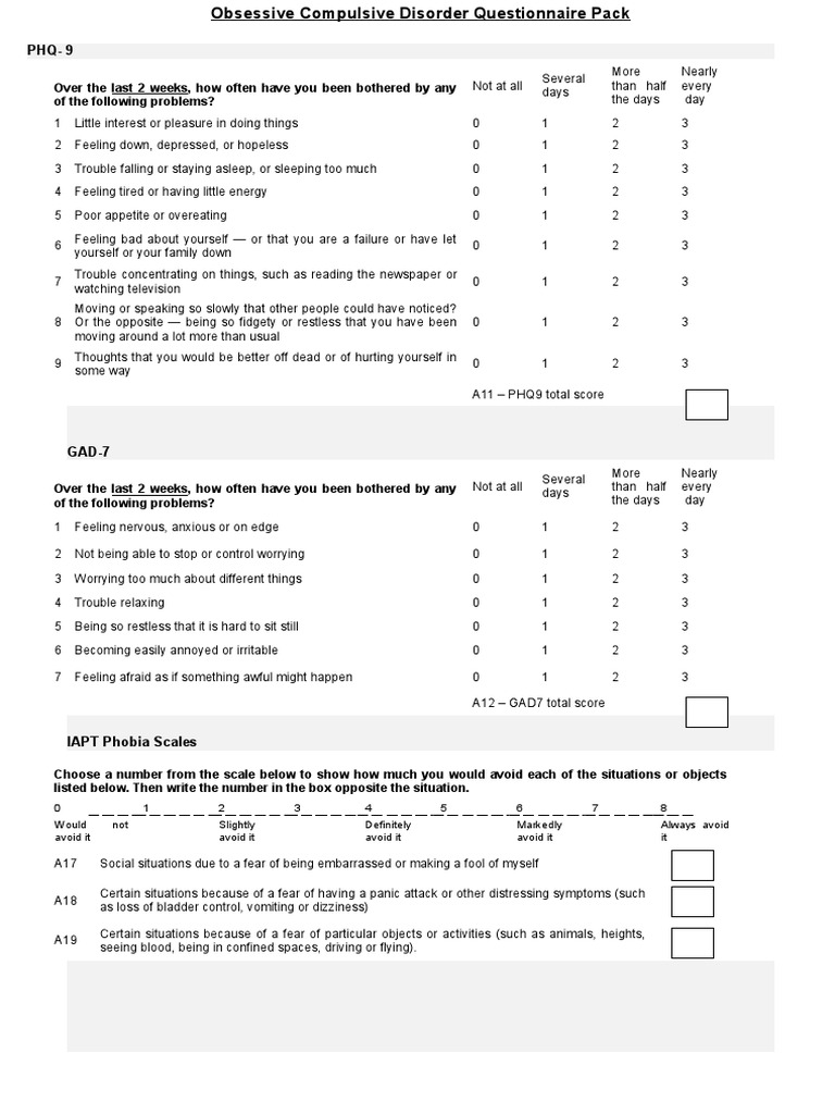 Obsessive Compulsive Disorder Questionnaire Pack | Medical Diagnosis ... Obsessive Compulsive Disorder Questionnaire Pack | Medical Diagnosis ...