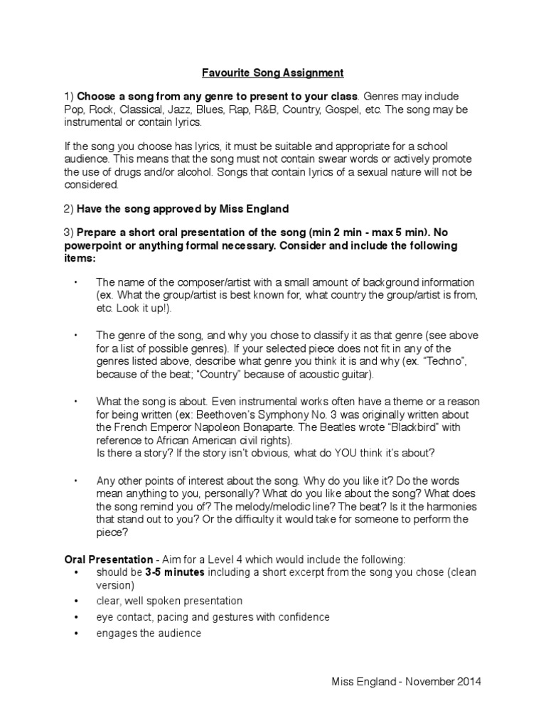 Favourite Song Presentation Guidelines | PDF | Songs | Entertainment