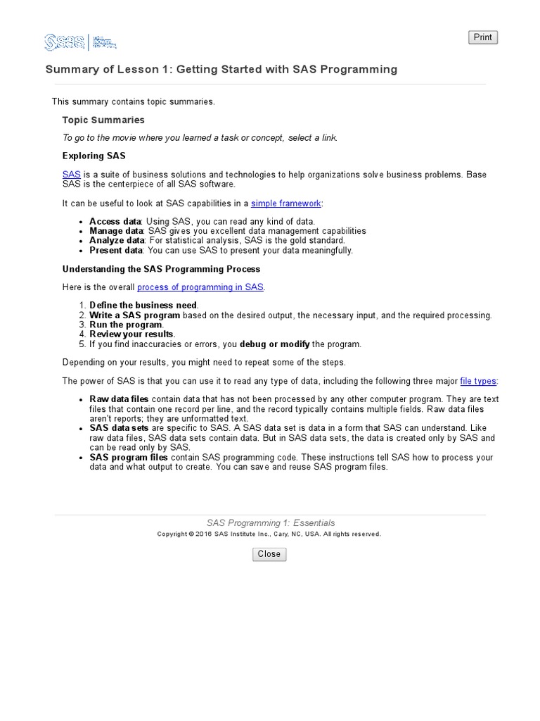 Summary of Lesson 1: Getting Started With SAS Programming: Topic Summaries | PDF