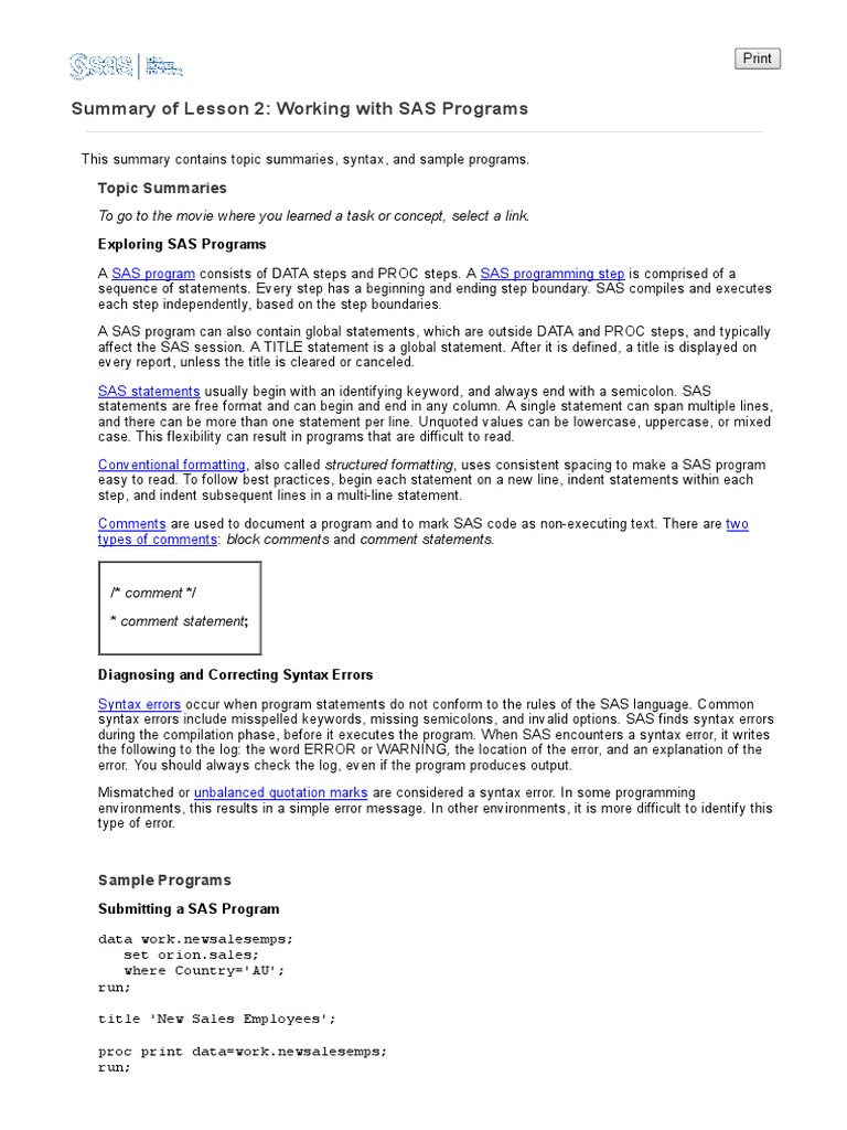 Summary of Lesson 2: Working With SAS Programs: Topic Summaries | PDF ...