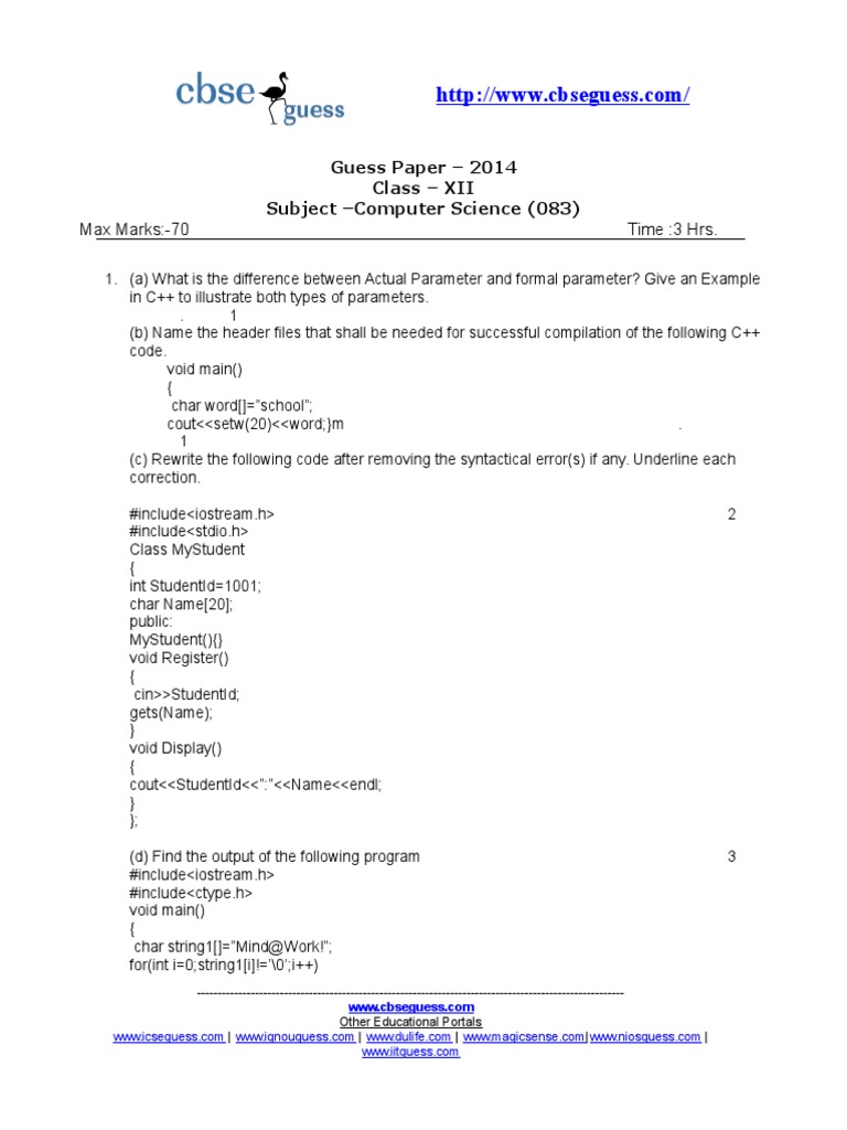 Max Marks:-70 Time:3 HRS.: Guess Paper - 2014 Class - XII Subject - Computer Science | PDF ...