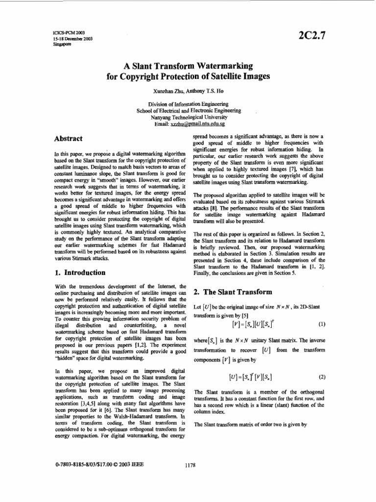 A Slant Transform Watermarking: Xunzhan | PDF | Matrix (Mathematics ...