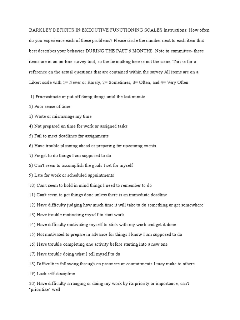 Barkley Deficits in Executive Functioning Scales | PDF